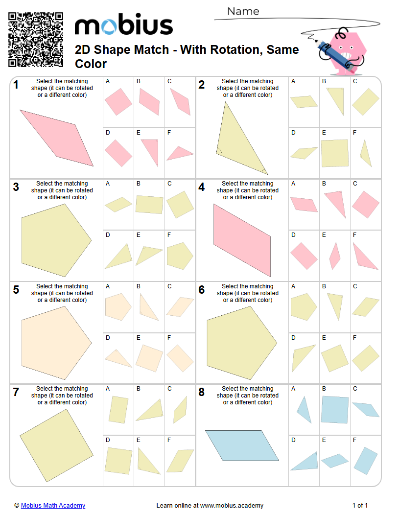 2D Shape Match - With Rotation, Same Color (Level 1) - Mobius Math Academy
