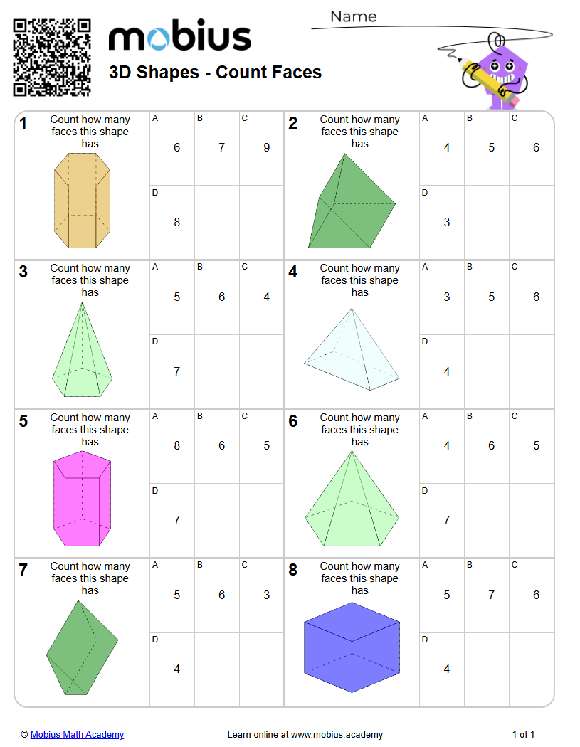 3D Shapes - Count Faces (Level 1) - Mobius Math Academy