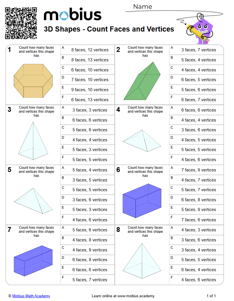 3D Shapes - Count Faces and Vertices (Level 1) - Mobius Math Academy