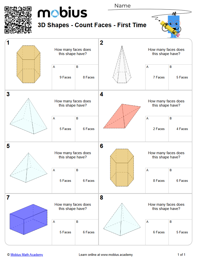 3D Shapes - Count Faces - First Time (Level 1) - Mobius Math Academy