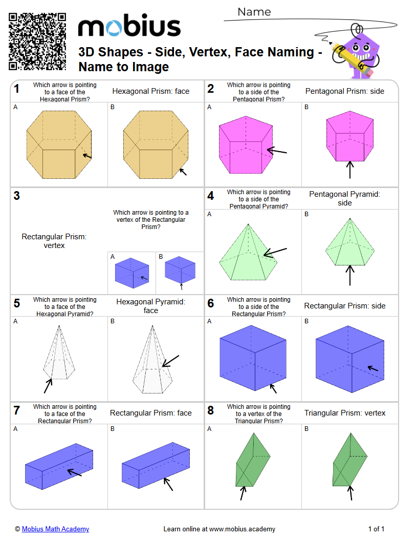 3D Shapes - Side, Vertex, Face Naming - Name to Image | Level 1 | Grade ...