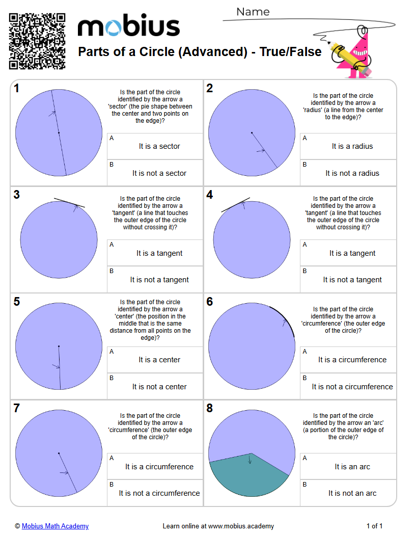 Parts of a Circle (Advanced) - True/False | Level 1 | Grade 9 Math ...