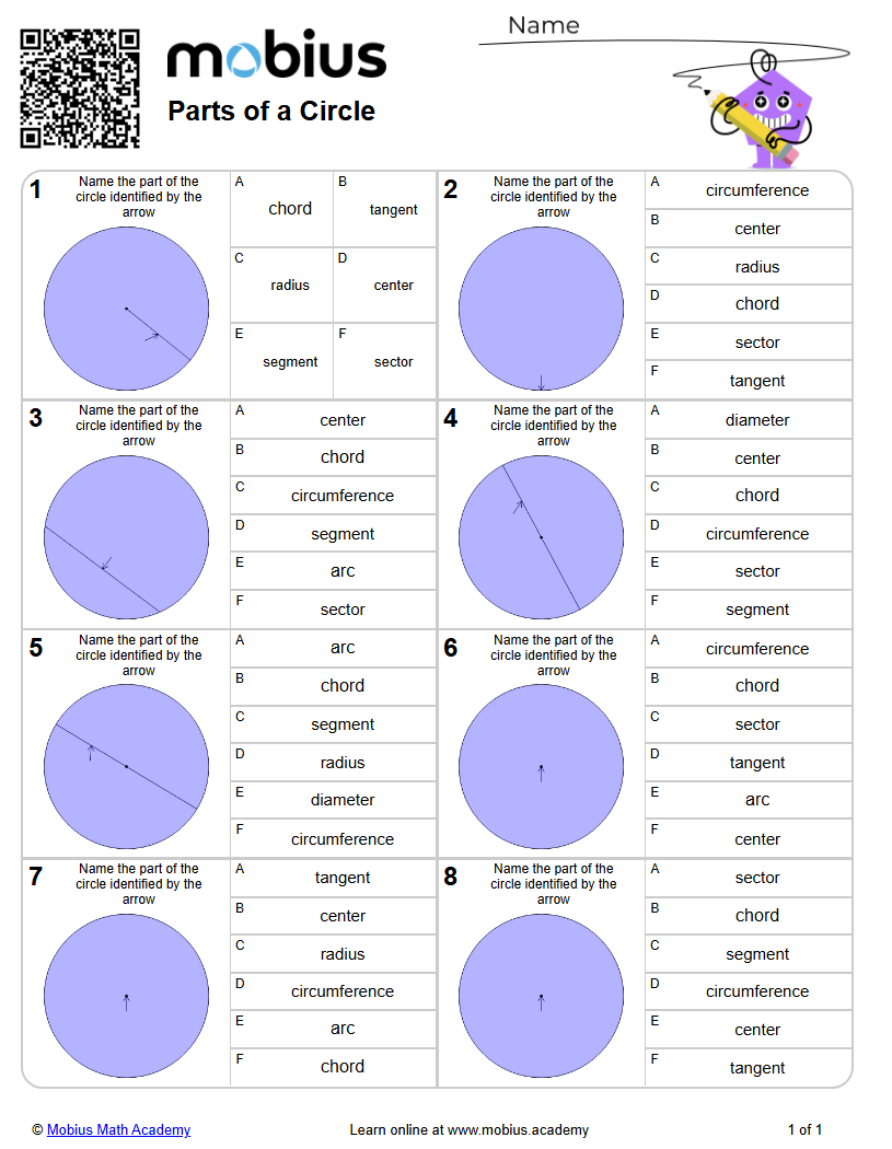 Parts of a Circle | Level 1 | Grades 4-8 Math Worksheets - Mobius Math ...