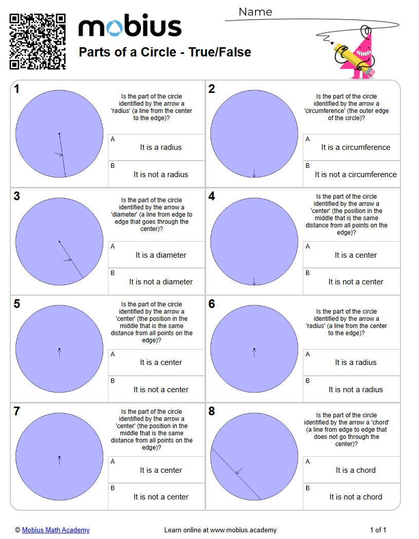 Parts of a Circle - True/False (Level 1) - Mobius Math Academy