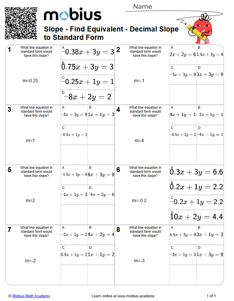 Level 1 | Slope/Linear Equations | Grades 9-10 Math Worksheets - Mobius ...