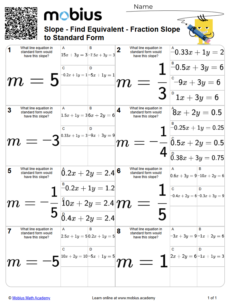 Level 1 | Slope/Linear Equations | Grades 9-10 Math Worksheets - Mobius ...