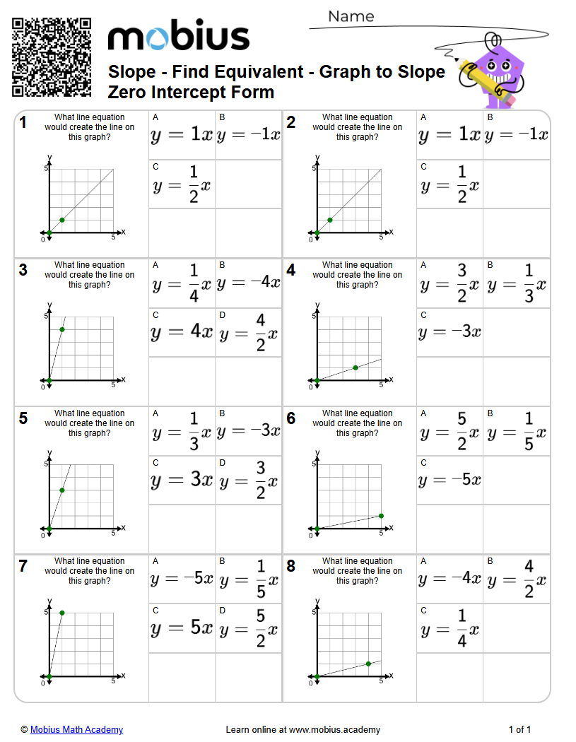 Level 1 | Slope/Linear Equations | Grades 9-10 Math Worksheets - Mobius ...