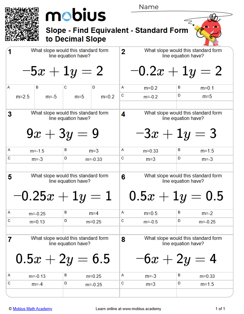 Slope - Find Equivalent - Standard Form to Decimal Slope (Level 1 ...