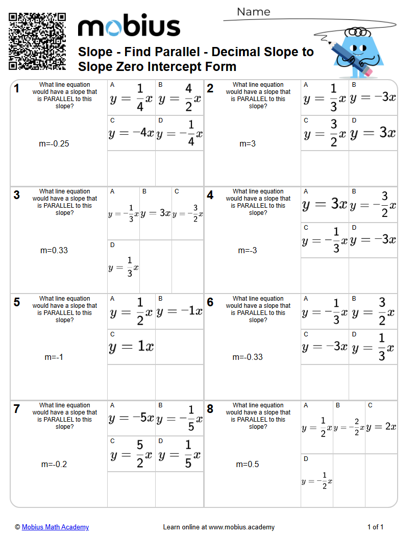 Level 1 | Slope/Linear Equations | Grade 9 Math Worksheets - Mobius ...