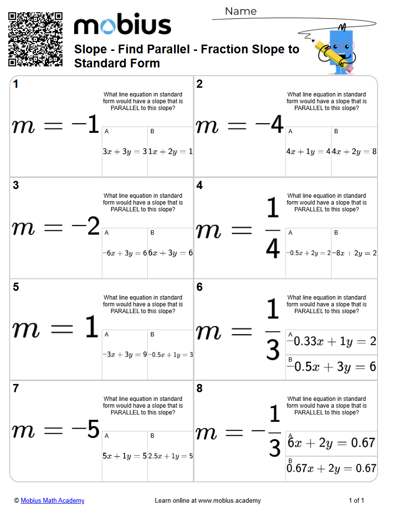 Level 1 | Slope/Linear Equations | Grade 10 Math Worksheets - Mobius ...