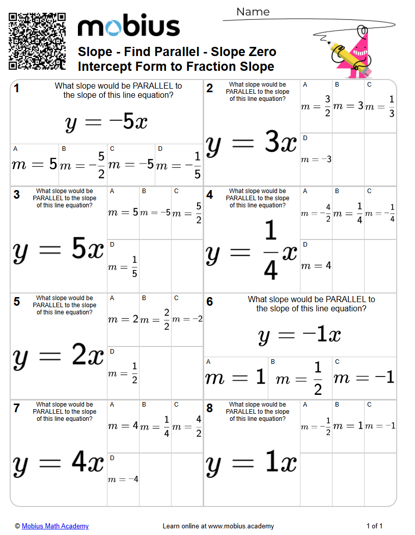 Level 1 | Slope/Linear Equations | Grades 9-10 Math Worksheets - Mobius ...