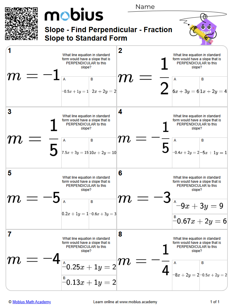 Slope - Find Perpendicular - Fraction Slope to Standard Form (Level 1 ...