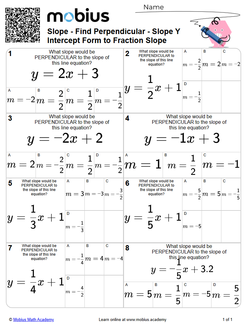Level 1 | Slope/Linear Equations | Grades 9-10 Math Worksheets - Mobius ...