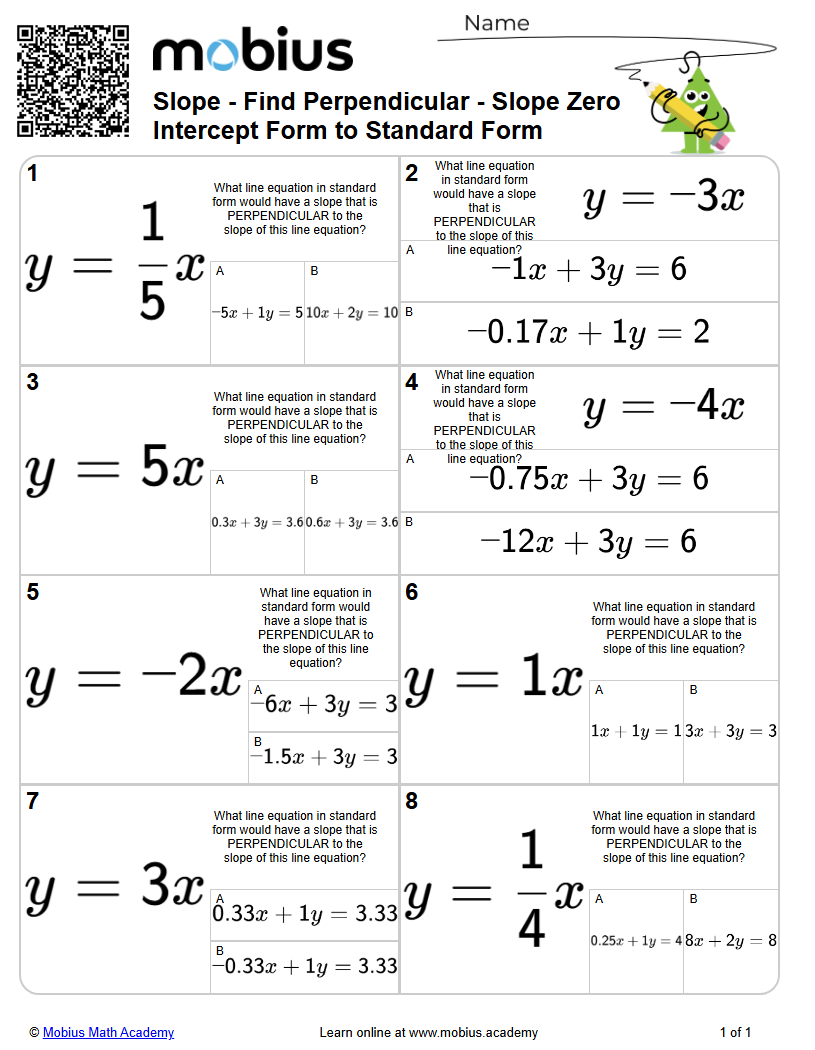 Slope - Find Perpendicular - Slope Zero Intercept Form to Standard Form ...