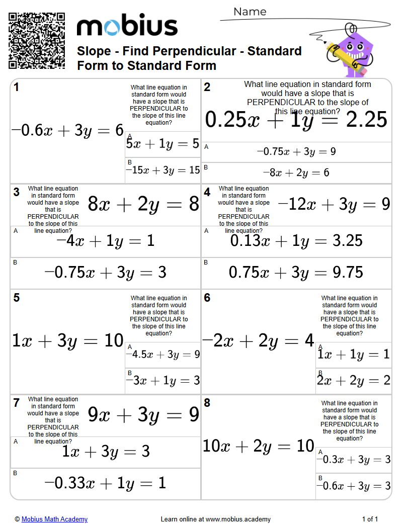 Slope - Find Perpendicular - Standard Form to Standard Form (Level 1 ...