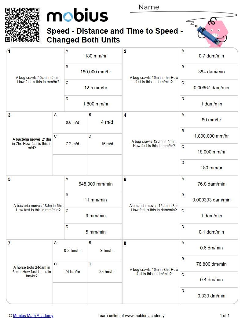 Level 1 | Speed/Distance/Time | Grades 7-10 Math Worksheets - Mobius ...