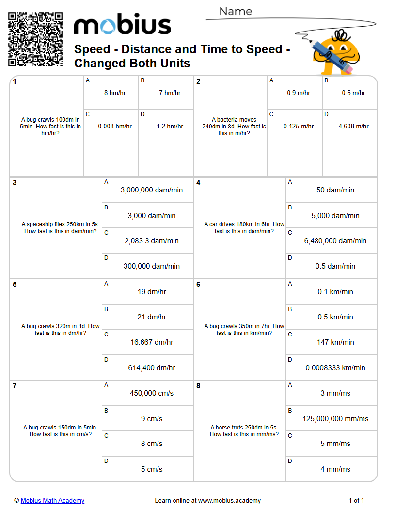Level 2 | Speed/Distance/Time | Grades 7-10 Math Worksheets - Mobius ...