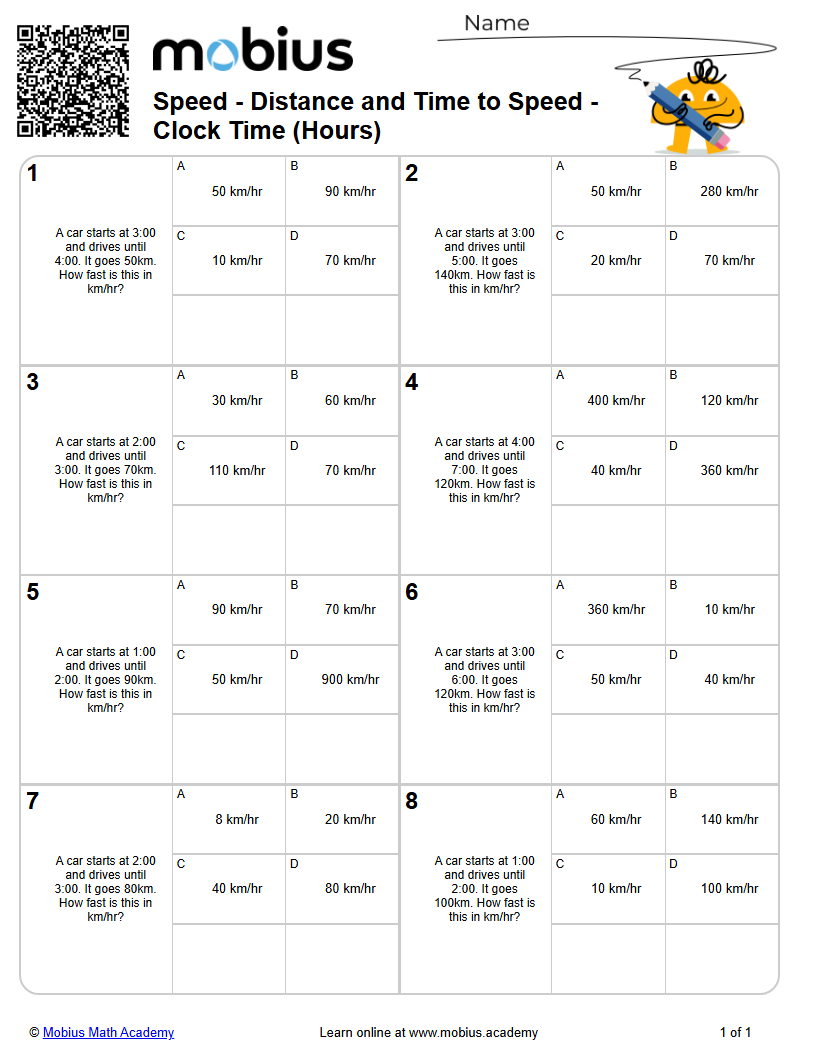 Speed - Distance and Time to Speed - Clock Time (Hours) (Level 1 ...