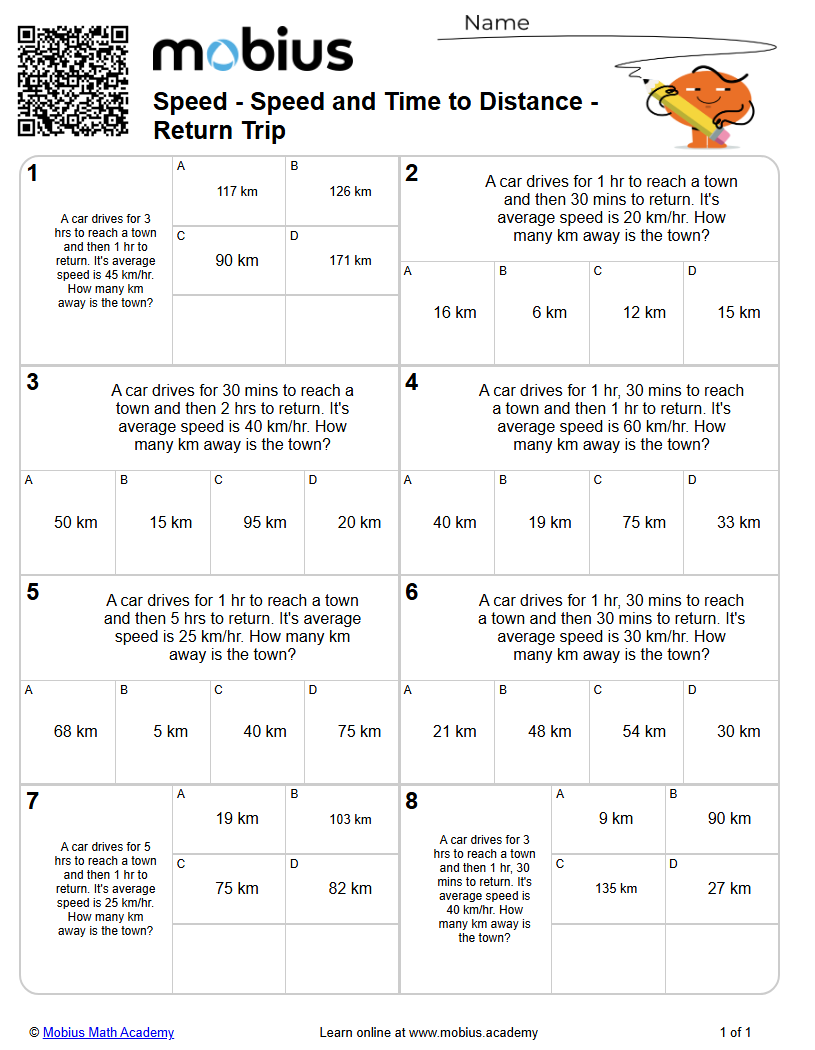 Speed - Speed and Time to Distance - Return Trip (Level 2) - Mobius ...