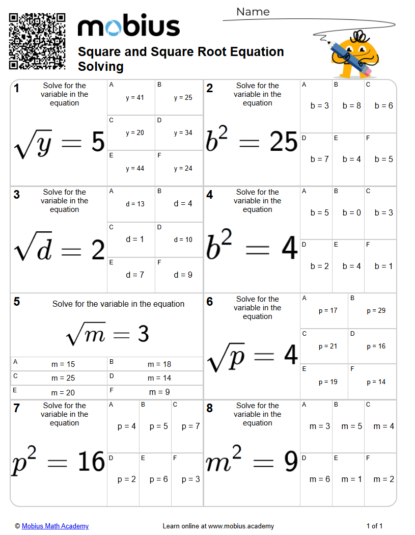 Square and Square Root Equation Solving (Level 1) - Mobius Math Academy
