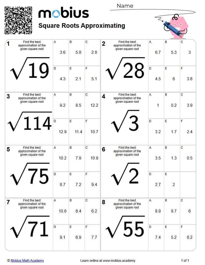 Square Roots Approximating | Level 1 | Grades 6-9 Math Worksheets ...