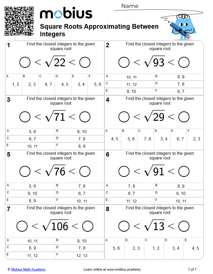 Square Roots Approximating Between Integers (Level 1) - Mobius Math Academy
