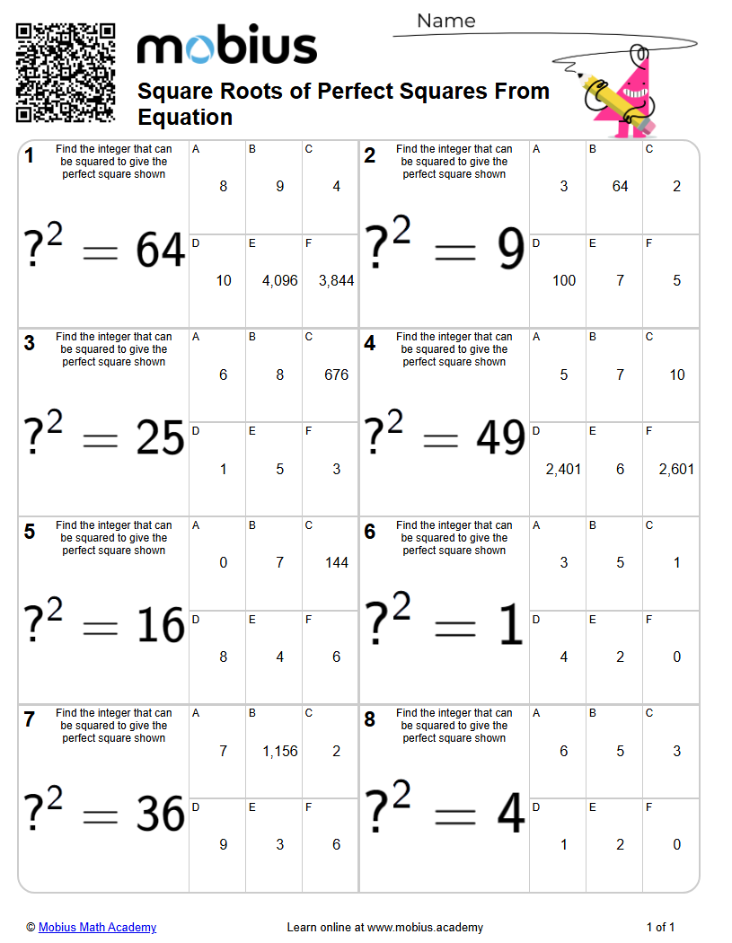Square Roots of Perfect Squares From Equation (Level 1) - Mobius Math ...