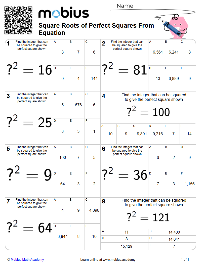 Square Roots of Perfect Squares From Equation (Level 2) - Mobius Math ...