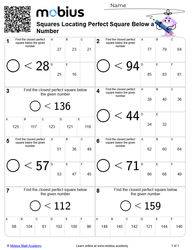 Squares Locating Perfect Square Below a Number (Level 2) - Mobius Math ...