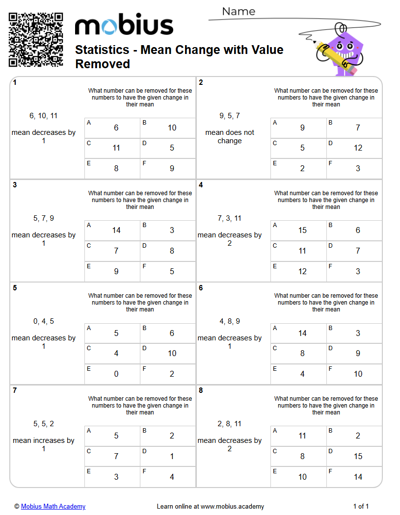 Statistics - Mean Change with Value Removed (Level 1) - Mobius Math Academy