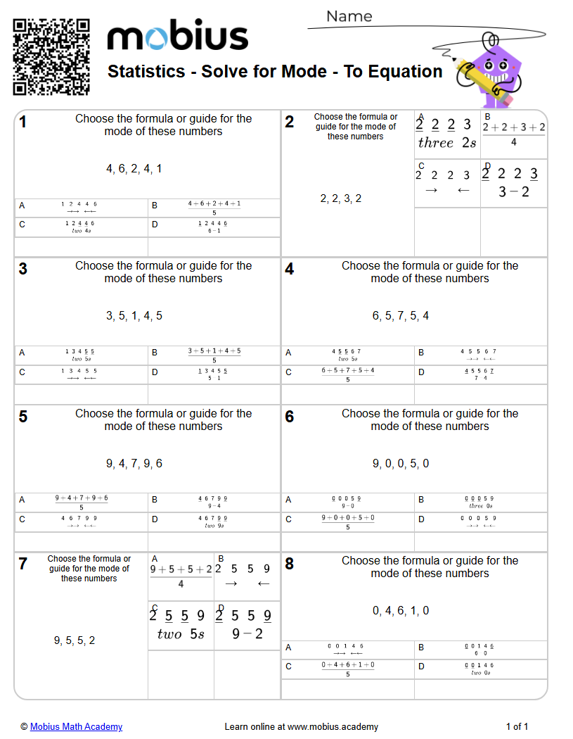 Statistics - Solve for Mode - To Equation (Level 1) - Mobius Math Academy