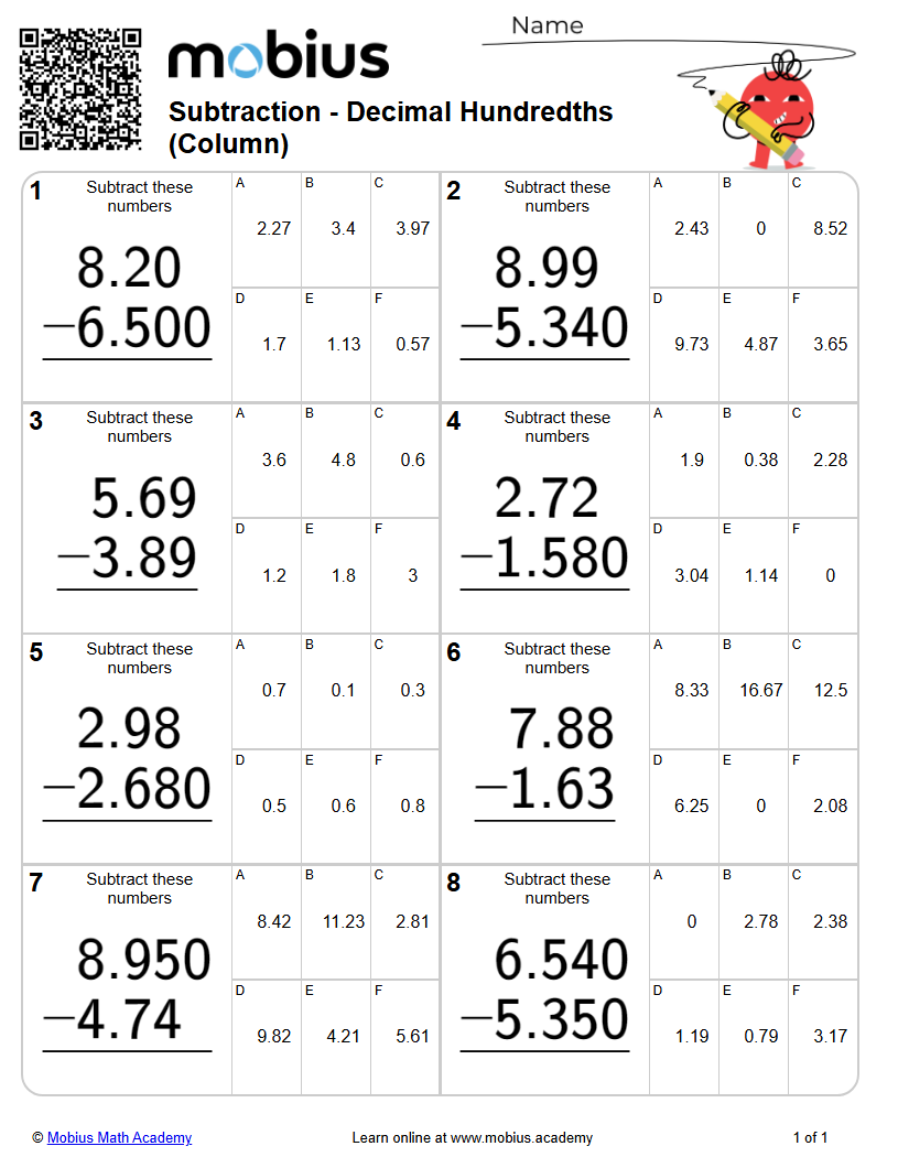 Subtraction - Decimal Hundredths (Column) (Level 5) - Mobius Math Academy