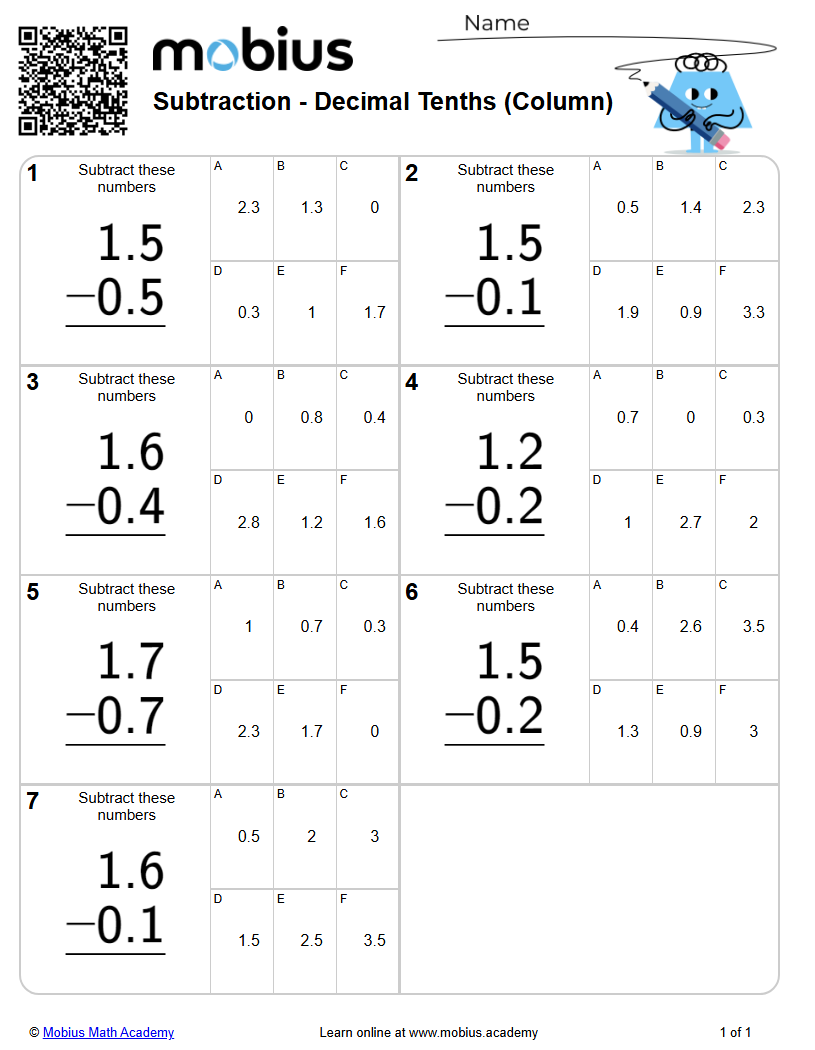 Subtraction - Decimal Tenths (Column) (Level 2) - Mobius Math Academy