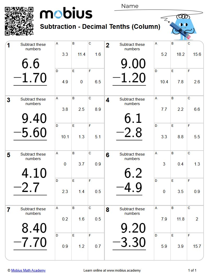 Subtraction - Decimal Tenths (Column) | Level 4 | Grade 4 Math ...