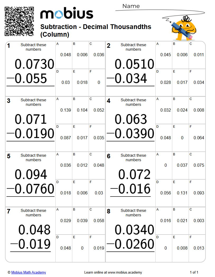 Subtraction - Decimal Thousandths (Column) (Level 4) - Mobius Math Academy