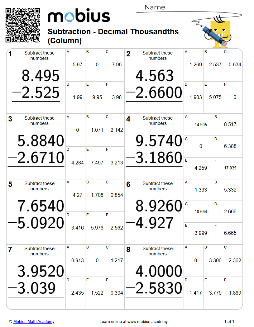 Subtraction - Decimal Thousandths (Column) (Level 6) - Mobius Math Academy