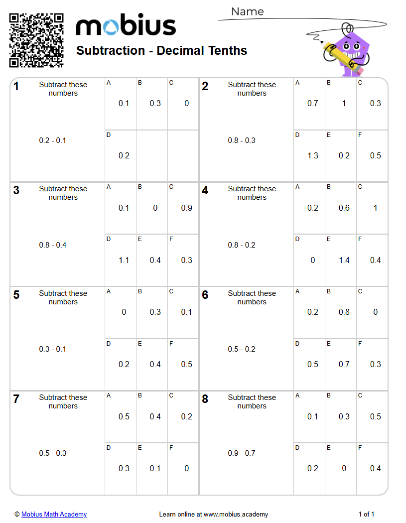 Subtraction - Decimal Tenths | Level 1 | Grade 4 Math Worksheets ...