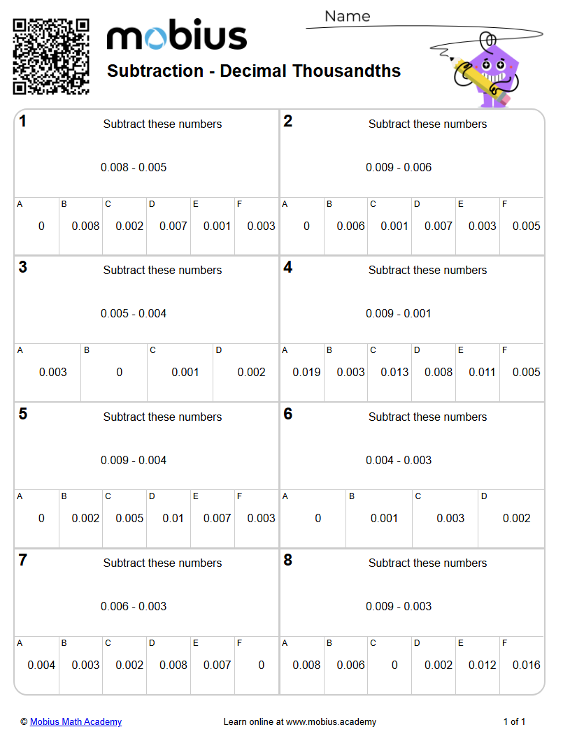 Subtraction - Decimal Thousandths (Level 1) - Mobius Math Academy