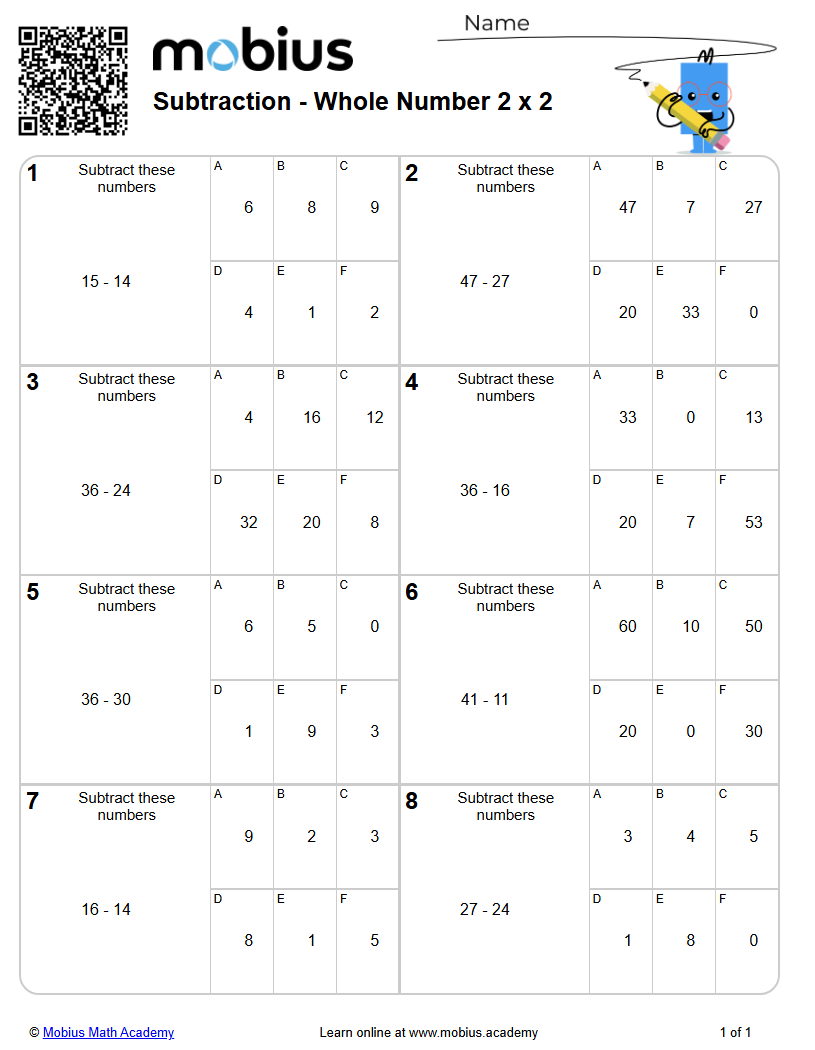 Subtraction - Whole Number 2 x 2 (Level 1) - Mobius Math Academy