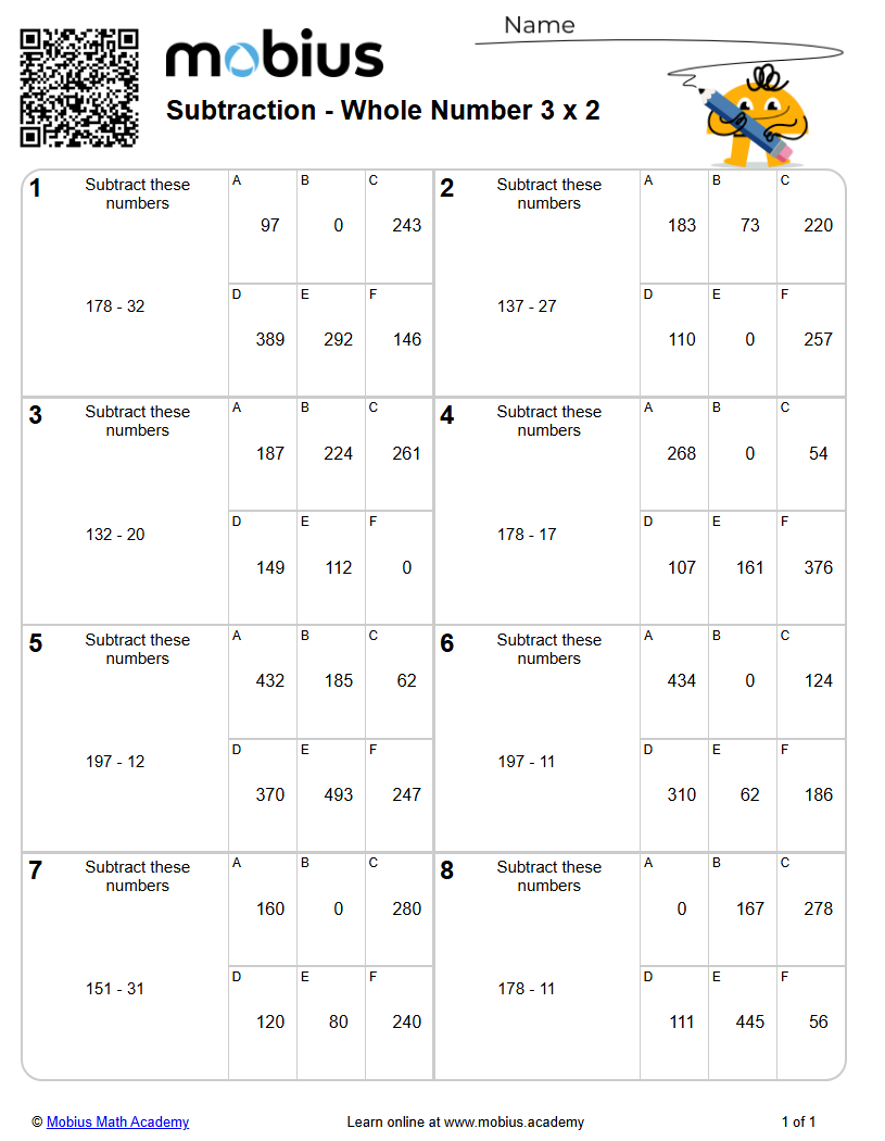 Subtraction - Whole Number 3 x 2 | Level 1 | Grade 5 Math Worksheets ...