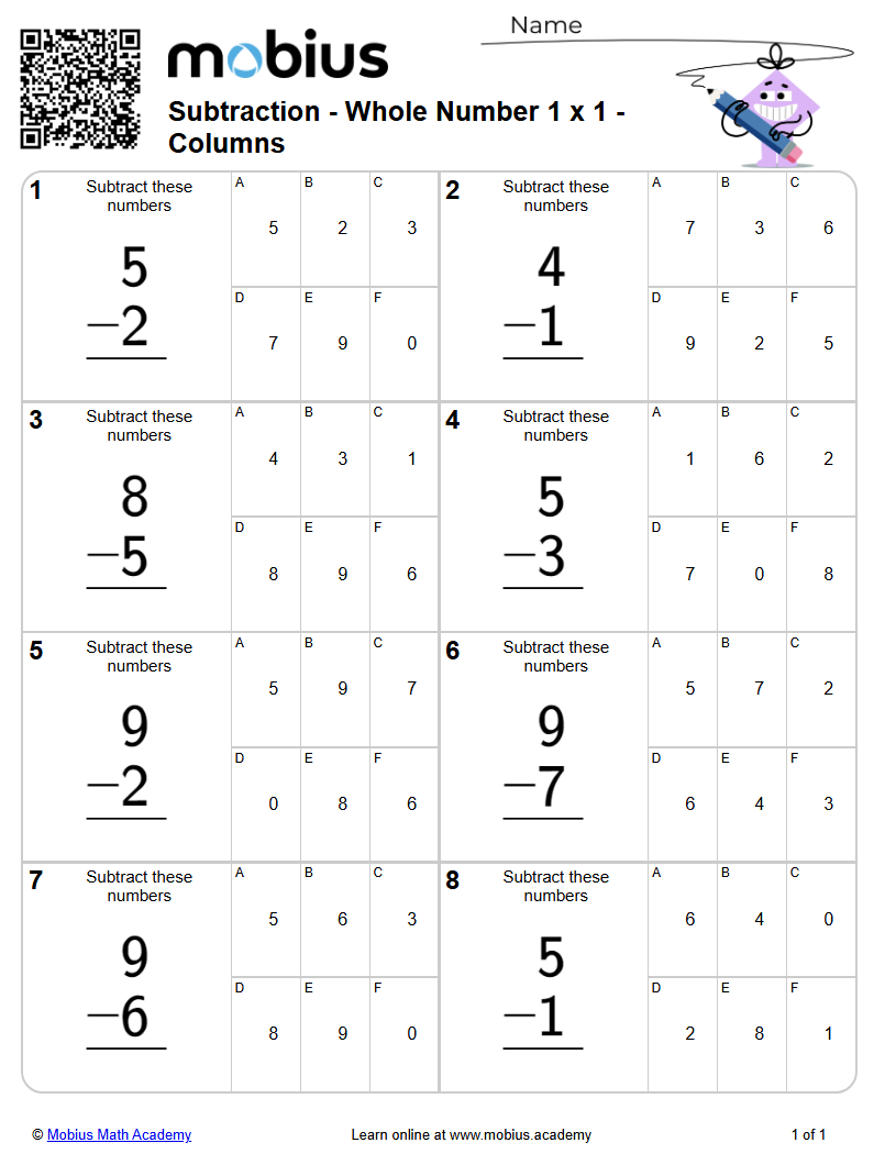 Subtraction - Whole Number 1 x 1 - Columns (Level 1) - Mobius Math Academy