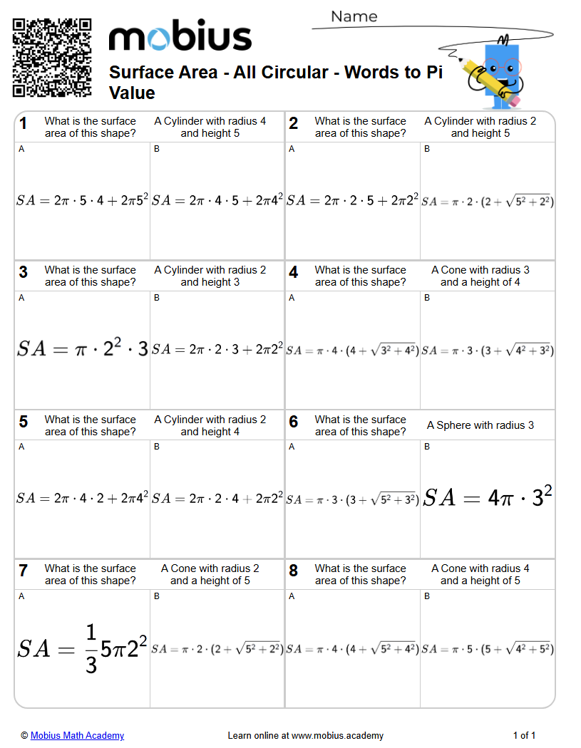Surface Area - All Circular - Words to Pi Value | Level 1 | Grade 12 ...