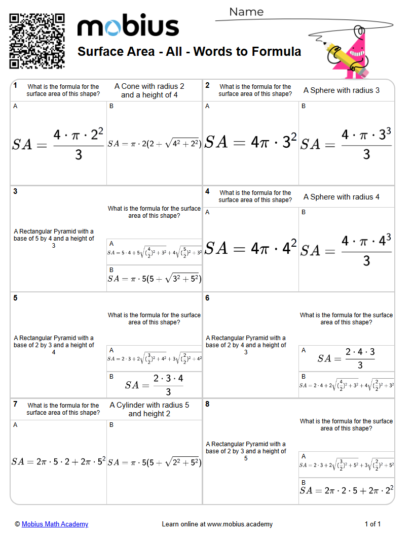 Surface Area - All - Words to Formula (Level 1) - Mobius Math Academy