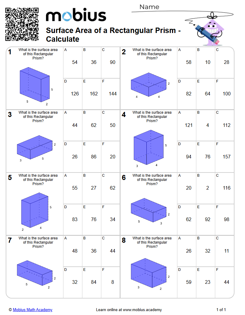 Surface Area of a Rectangular Prism - Calculate (Level 1) - Mobius Math ...
