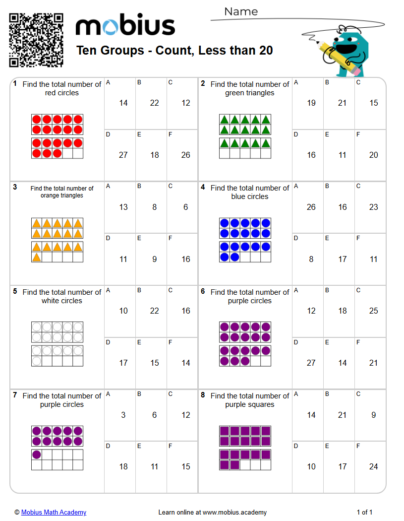 Ten Groups - Count, Less than 20 | Level 1 | Grades 1-2 Math Worksheets ...