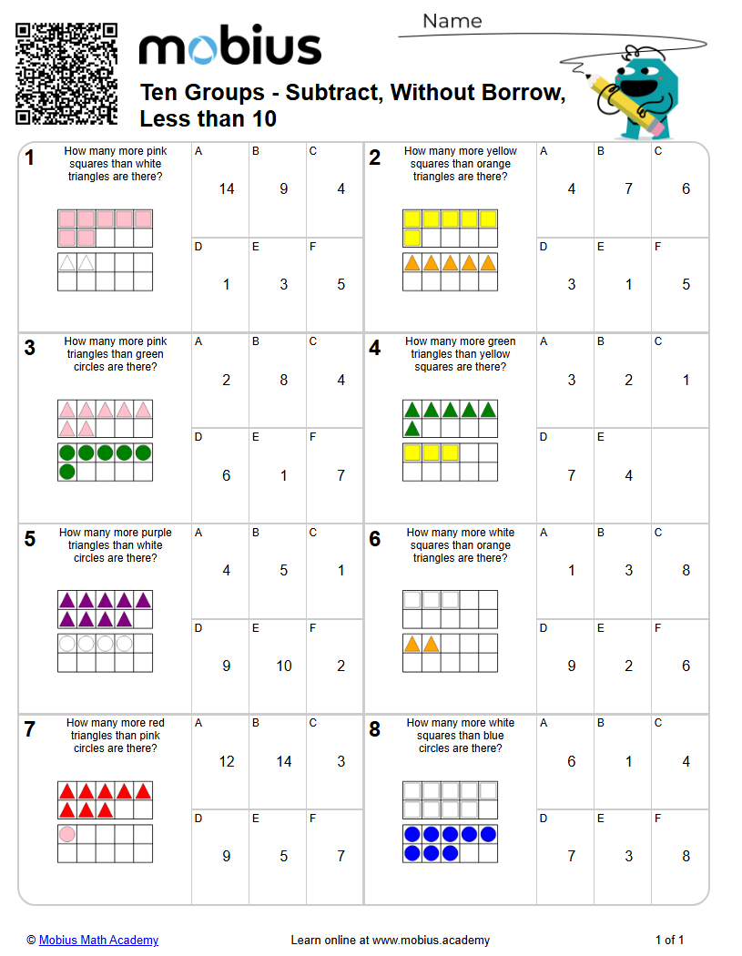 Ten Groups - Subtract, Without Borrow, Less than 10 (Level 1) - Mobius ...