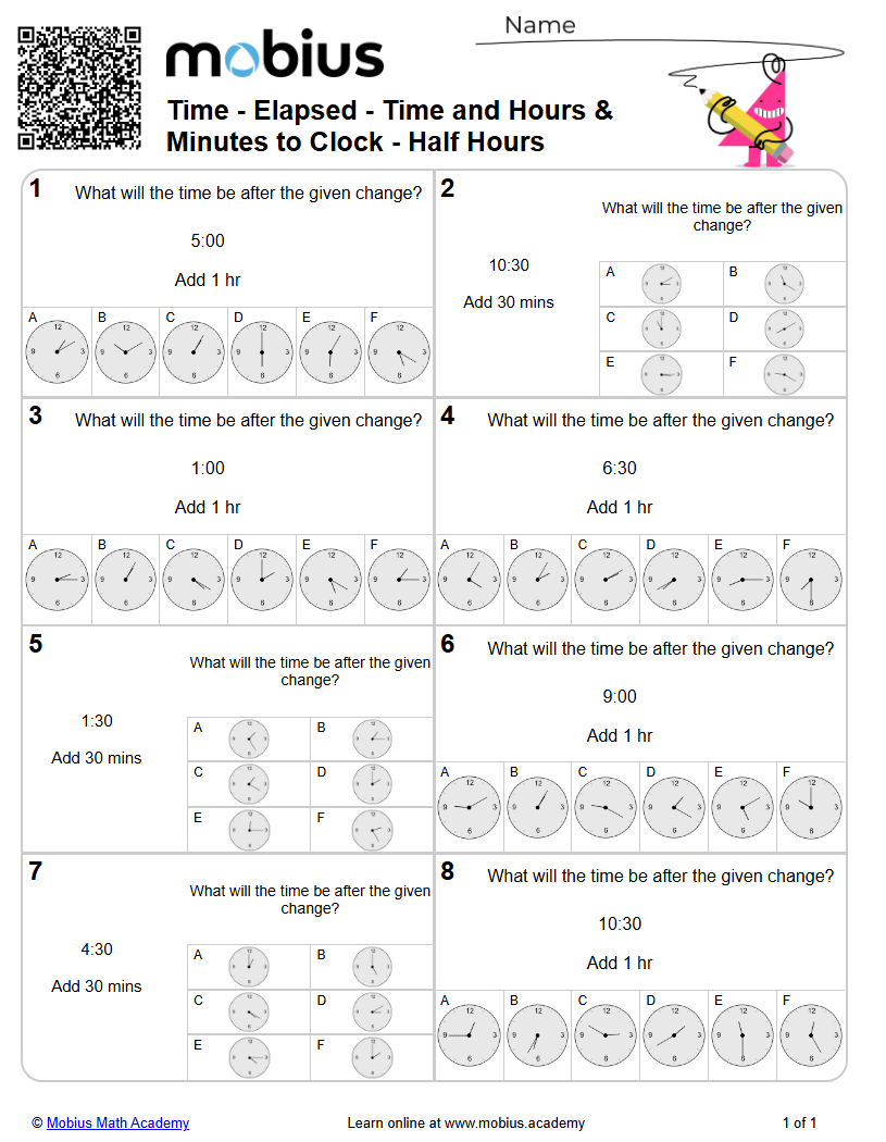 Elapsed - Time and Hours & Minutes to Clock - Half Hours (Level 2 ...
