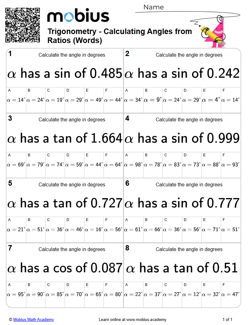 Calculating Angles from Ratios (Words) (Level 1) | Trigonometry | Grade ...