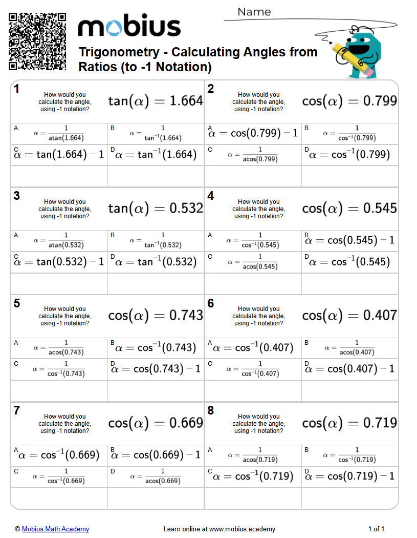 Trigonometry - Calculating Angles from Ratios (to -1 Notation) (Level 1 ...