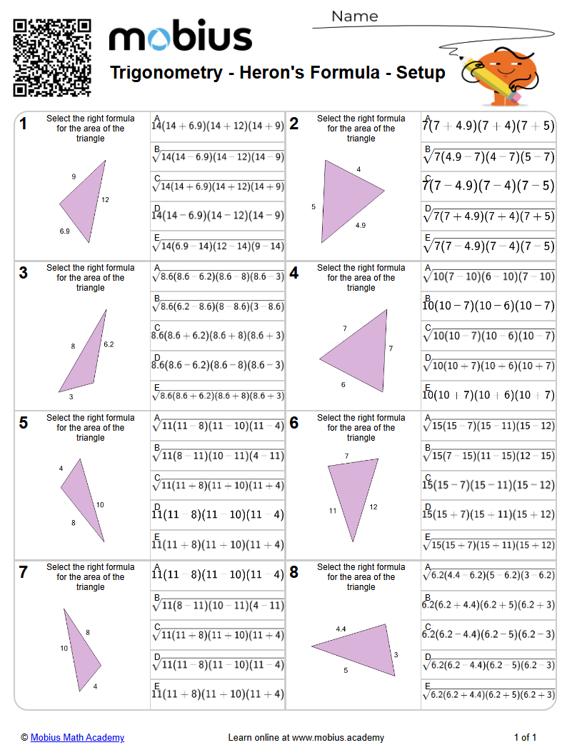 Trigonometry - Heron's Formula - Setup (Level 1) - Mobius Math Academy
